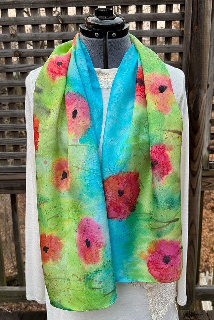 Hand Painted Poppy Flower Silk Scarf - Elegant Accessory