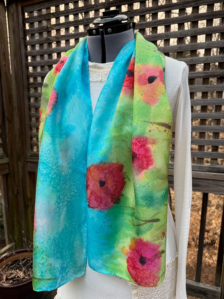 Hand Painted Poppy Flower Silk Scarf - Elegant Accessory