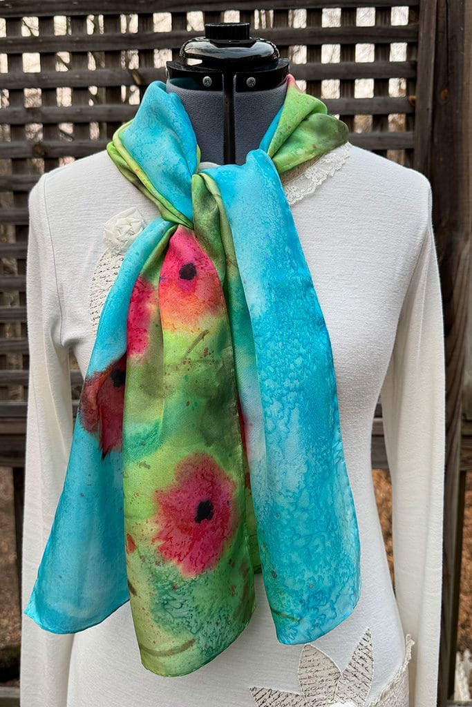 Hand Painted Poppy Flower Silk Scarf - Elegant Accessory