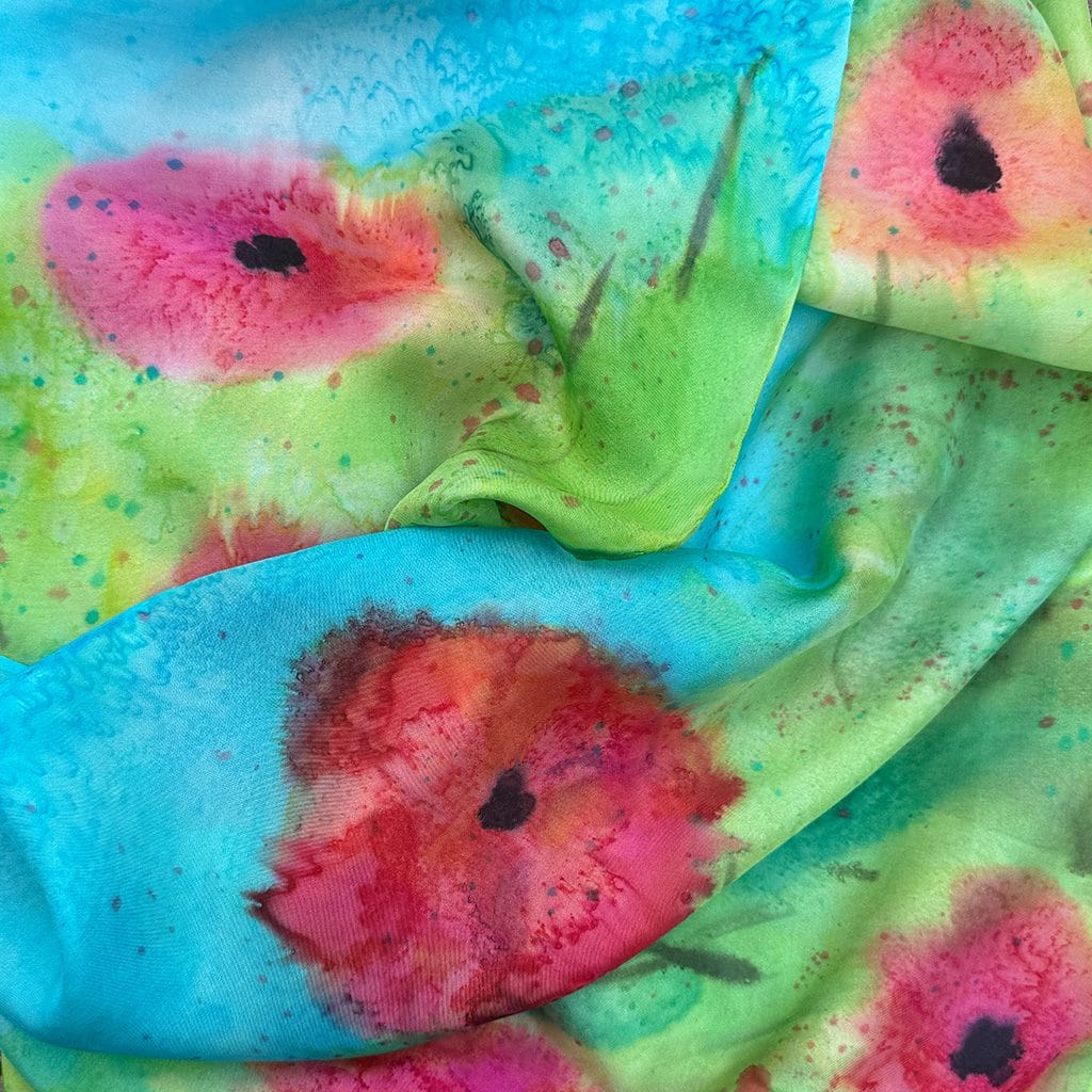 Hand Painted Poppy Flower Silk Scarf - Elegant Accessory