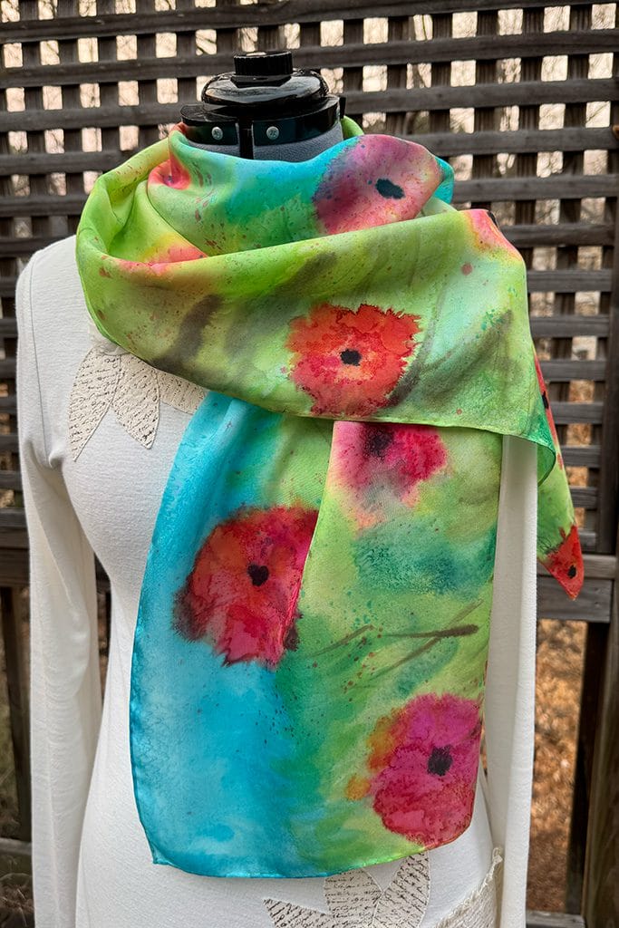 Hand Painted Poppy Flower Silk Scarf - Elegant Accessory