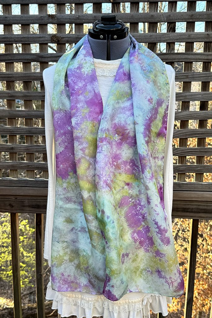 women lavender green and aqua ice dyed silk scarf