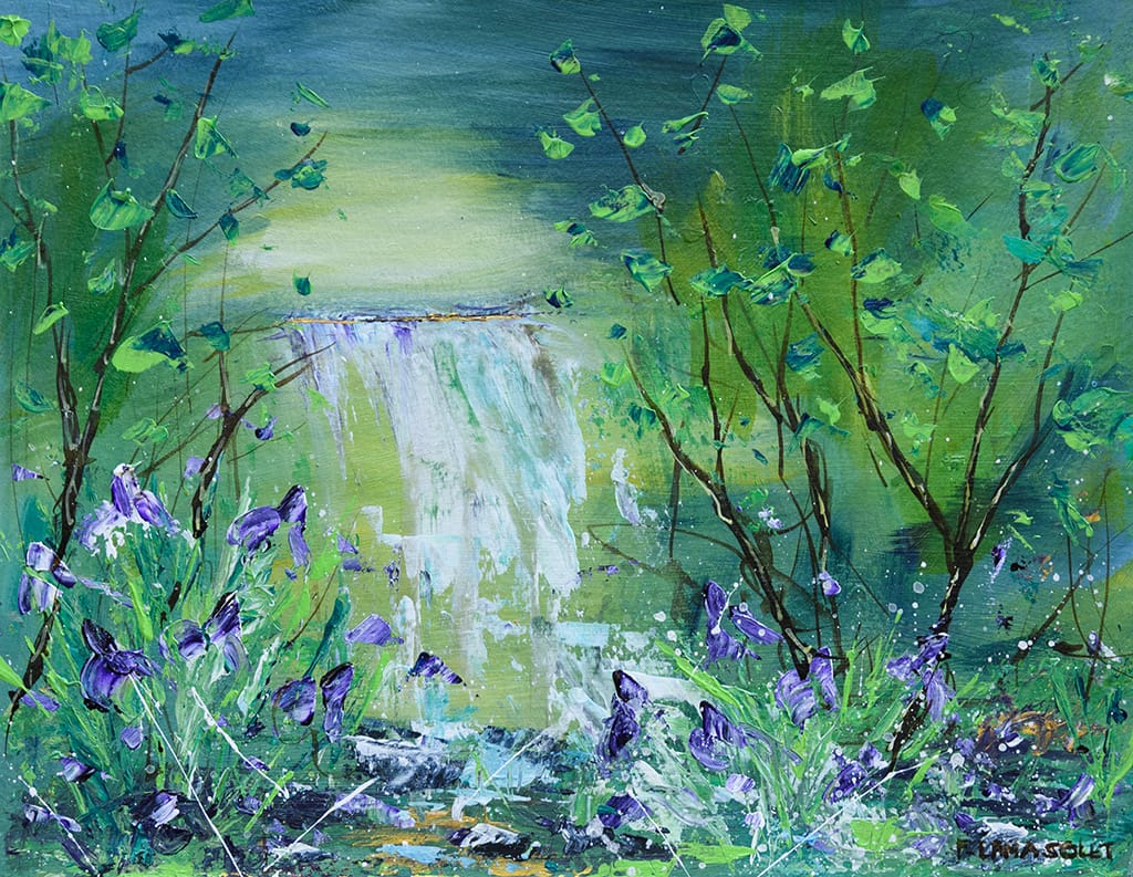 Waterfall and Iris Painting: Twilight's Peaceful Charm