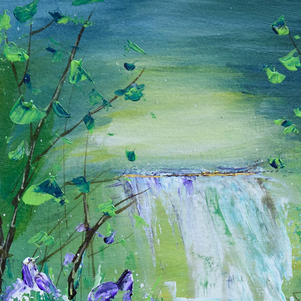 Waterfall and Iris Painting: Twilight's Peaceful Charm