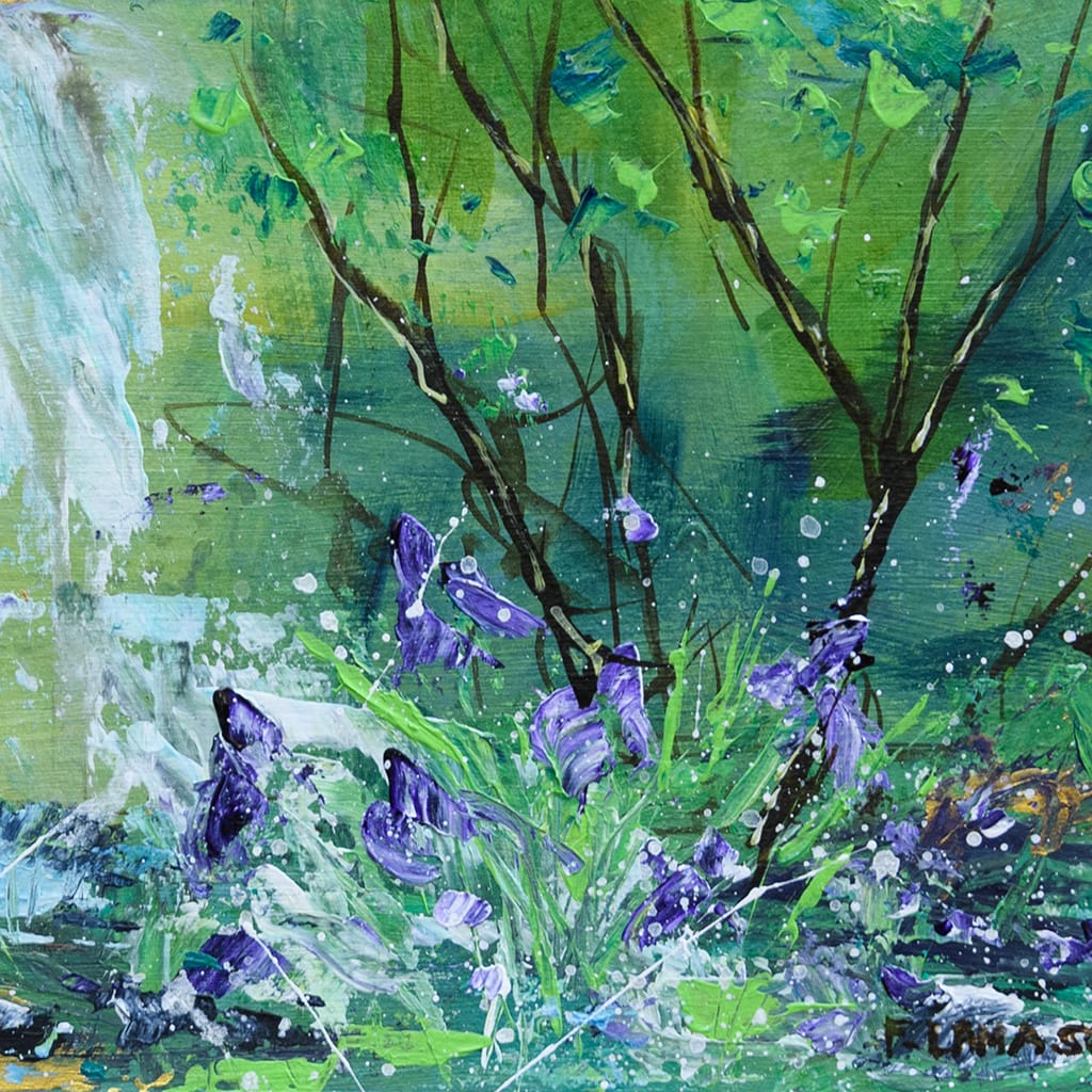 Waterfall and Iris Painting: Twilight's Peaceful Charm